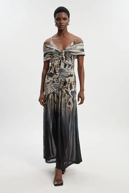 Karen Millen Petite Marble Print Mesh Maxi Dress - Mono