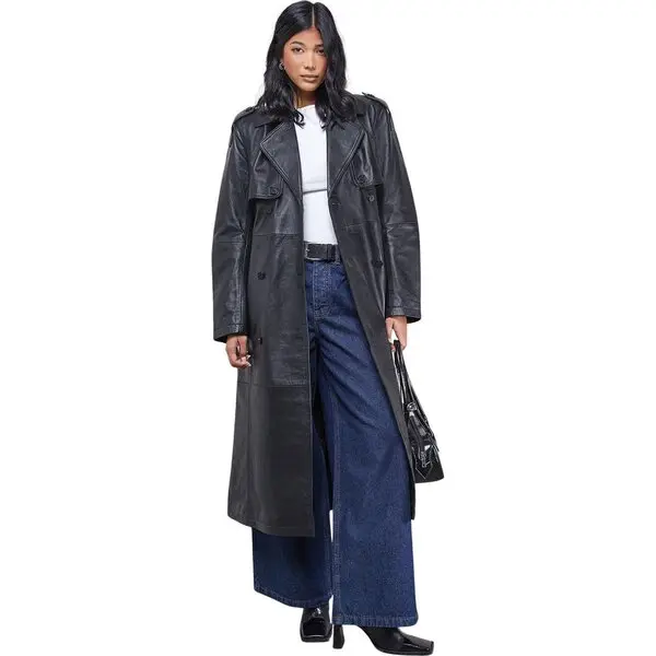 WAREHOUSE Real Leather Belted Trench Coat - Black