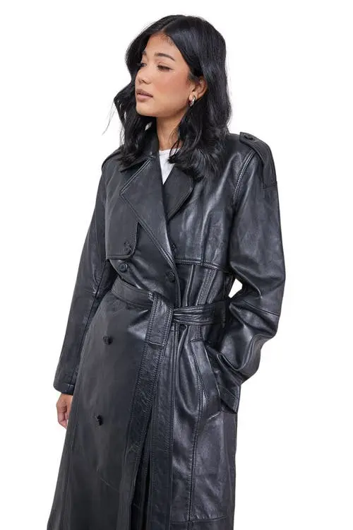 WAREHOUSE Real Leather Belted Trench Coat - Black