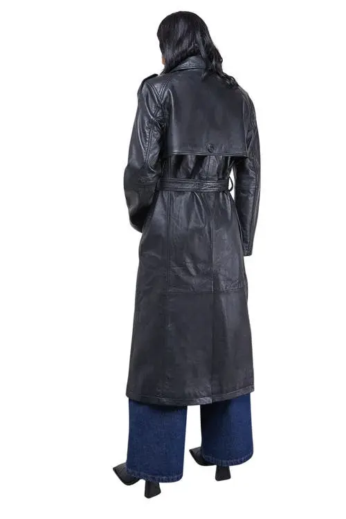 WAREHOUSE Real Leather Belted Trench Coat - Black