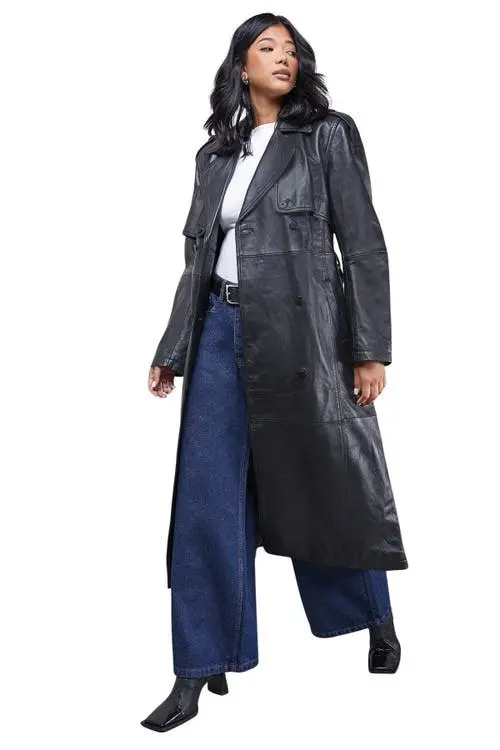 WAREHOUSE Real Leather Belted Trench Coat - Black