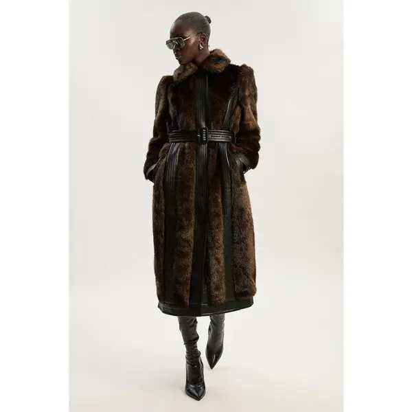 Karen Millen Petite Faux Fur Paneled Belted Midi Coat