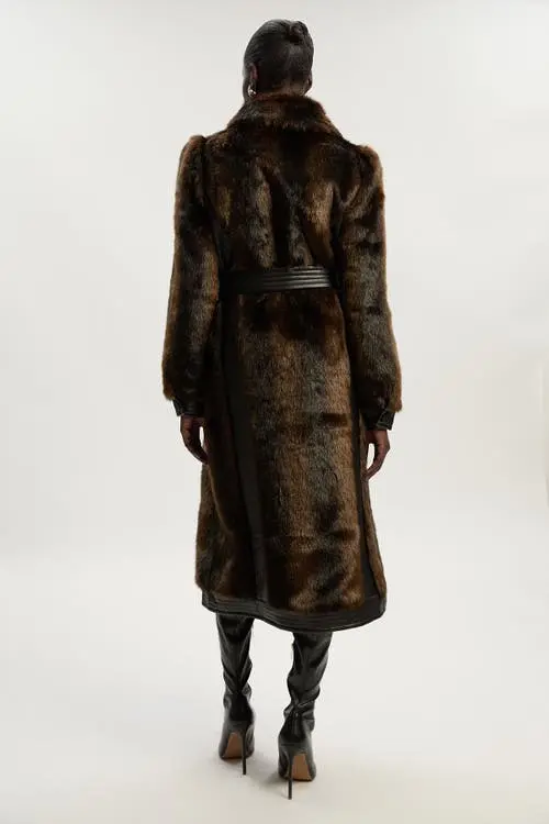 Karen Millen Petite Faux Fur Paneled Belted Midi Coat