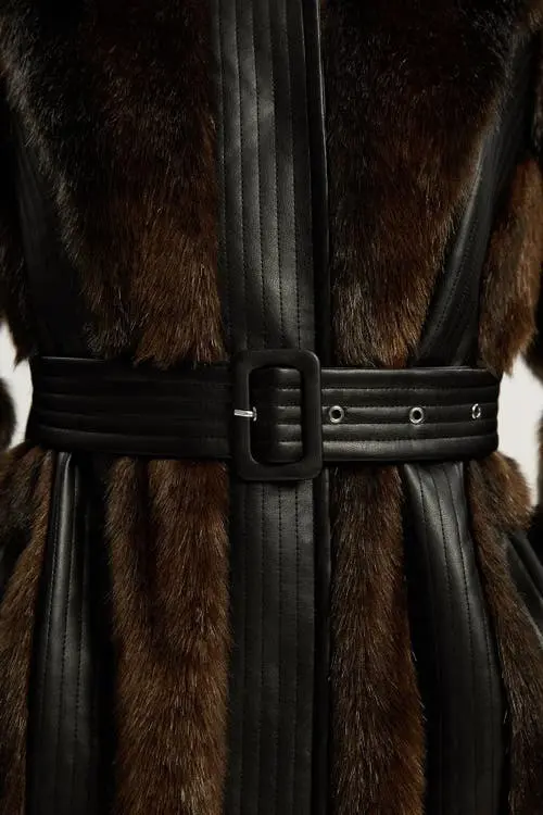 Karen Millen Petite Faux Fur Paneled Belted Midi Coat