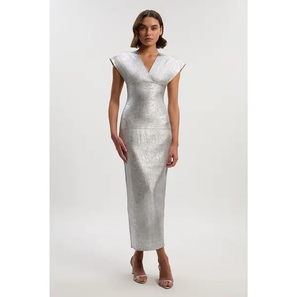 Karen Millen Deep V-neck Angel Sleeve Metallic Maxi Dress - Silver