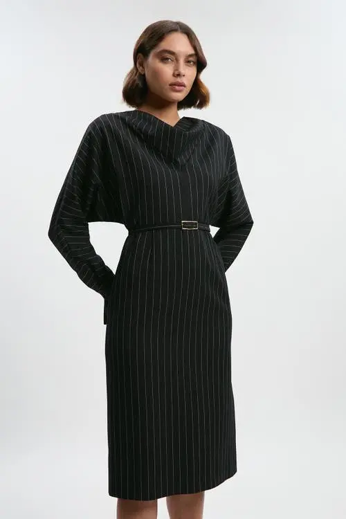 Karen Millen Pinstripe Belted Midi Dress - Black