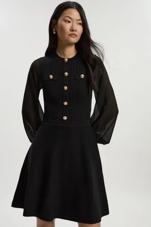 Karen Millen Chiffon Sleeve Military Mini Knit Dress - Black