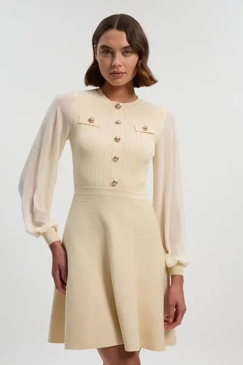 Karen Millen Chiffon Sleeve Military Mini Knit Dress - Cream