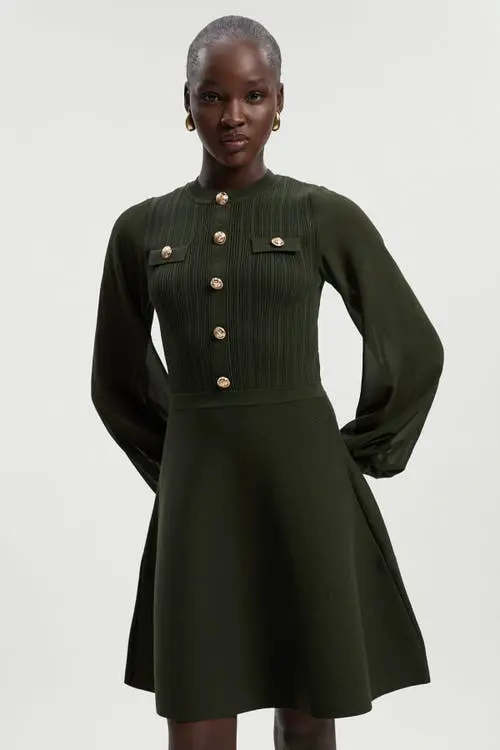 Karen Millen Chiffon Sleeve Military Mini Knit Dress - Olive