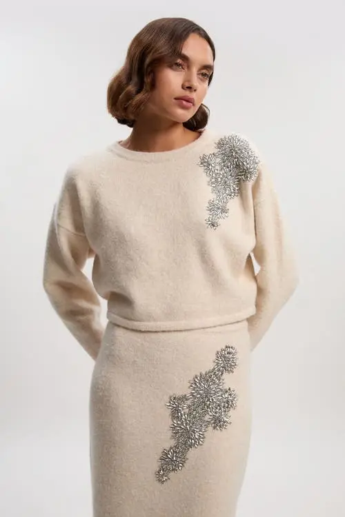Karen Millen Wool Embellished Crew Neck Jumper - Cream