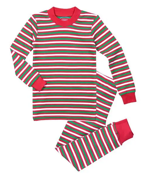 SARA’S PRINTS Organic Cotton Long John Pj 2-piece Set - Green Red Stripe