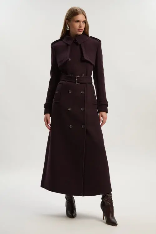 Karen Millen Wool Mix Belted Trench Maxi Coat - Wine