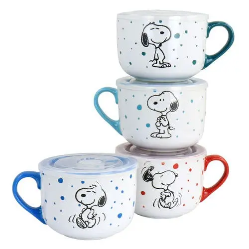 PEANUTS Freckled Joy 25oz Stoneware 4 Piece Soup Cup And Lid Set - White