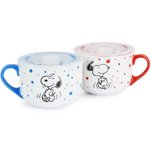 PEANUTS Freckled Joy 25oz Stoneware 4 Piece Soup Cup And Lid Set