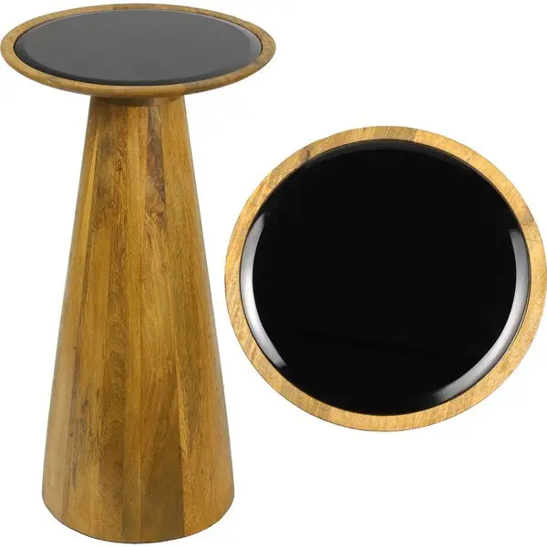 JONATHAN Y Linden 21.5" Farmhouse Industrial Mango Wood Drink Table And Decorative End Table With Round Black Glass Top And Cone Pedestal Base - Natural