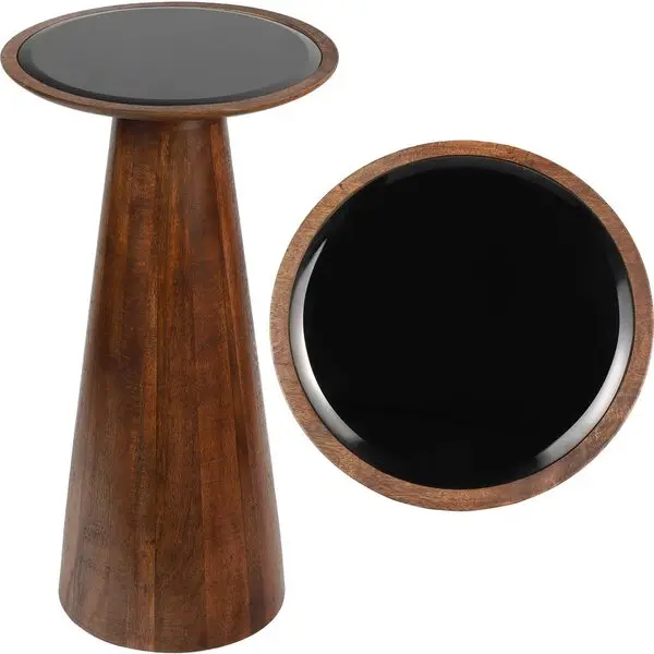 JONATHAN Y Linden 21.5" Farmhouse Industrial Mango Wood Drink Table And Decorative End Table With Round Black Glass Top And Cone Pedestal Base - Walnut
