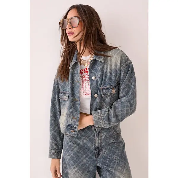 Nasty Gal Check Denim Distressed Jacket