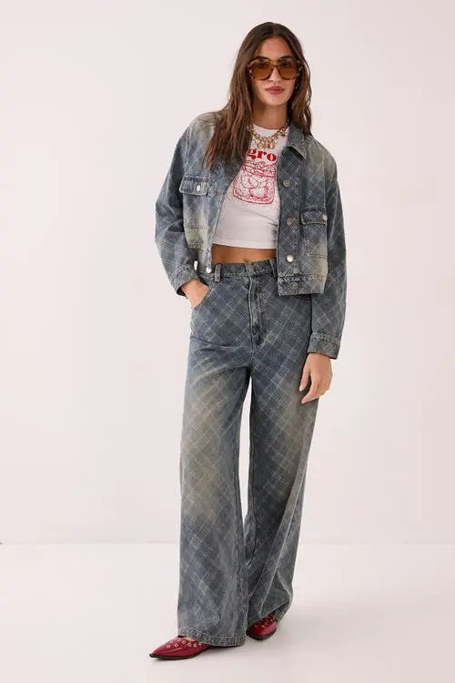 Nasty Gal Check Denim Distressed Jacket
