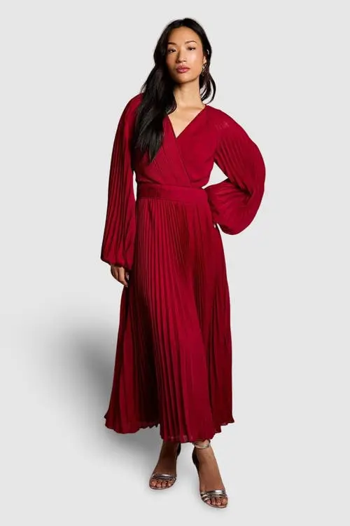 Coast Long Sleeve Chiffon Floral Print Wrap Midi Dress - Berry