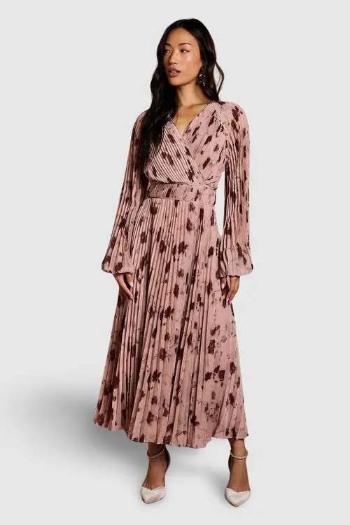 Coast Long Sleeve Chiffon Floral Print Wrap Midi Dress - Blush