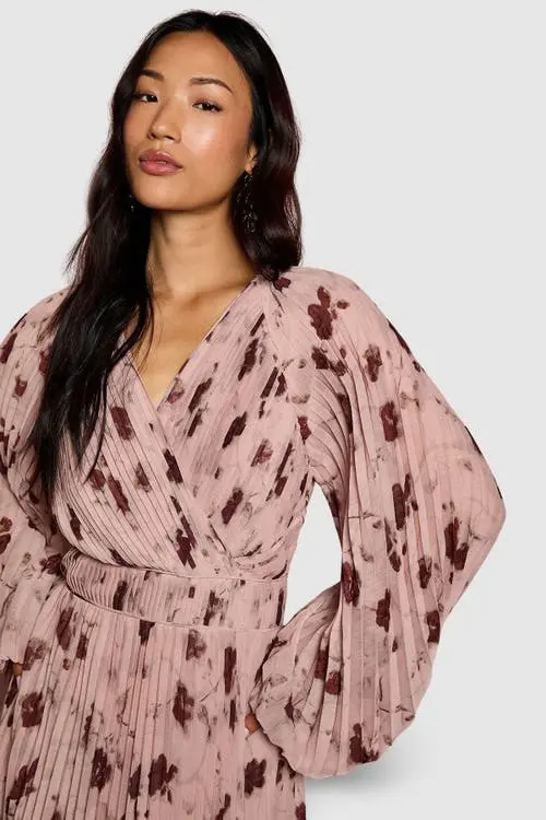 Coast Long Sleeve Chiffon Floral Print Wrap Midi Dress - Blush