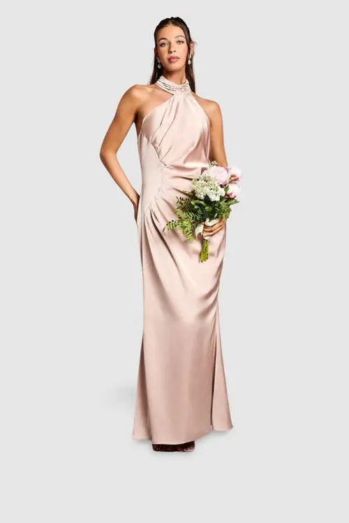 Coast Satin Asymmetric Neck Maxi Dress - Mocha