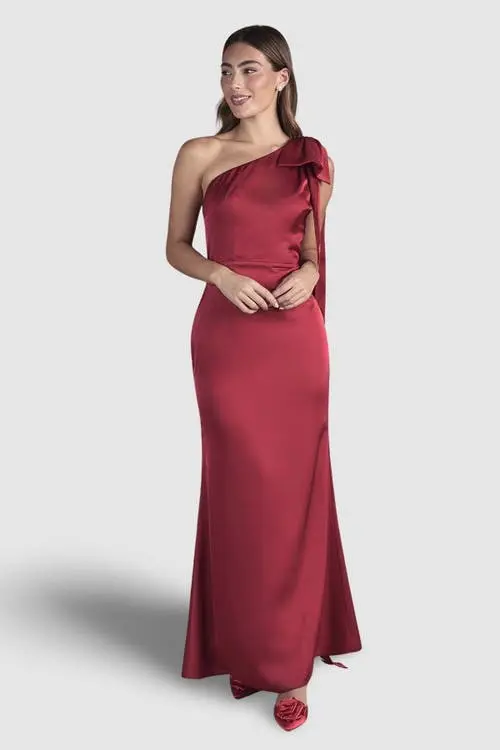 Coast One Shoulder Satin Maxi Dress With Bow Detail - Red