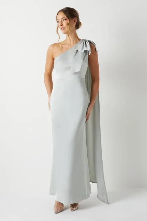 Coast One Shoulder Satin Maxi Dress With Bow Detail - Sage