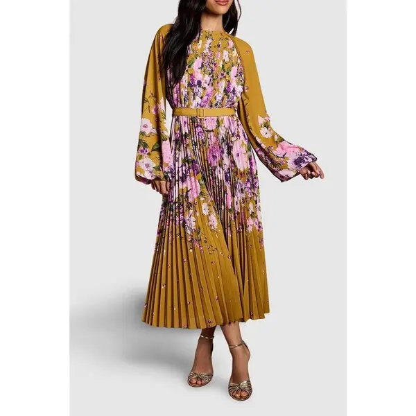 Coast Floral Pleated Georgette Midi Dress - Mustard