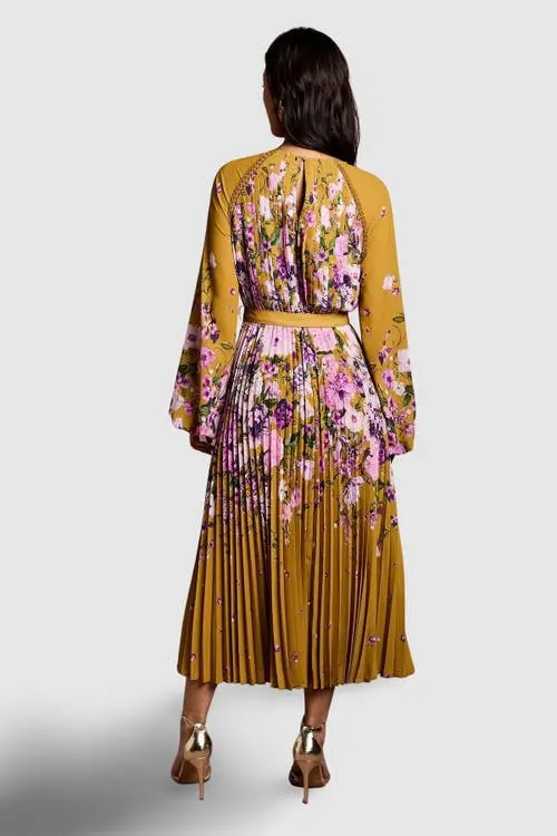 Coast Floral Pleated Georgette Midi Dress - Mustard
