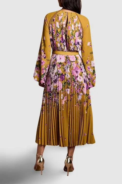 Coast Floral Pleated Georgette Midi Dress - Mustard