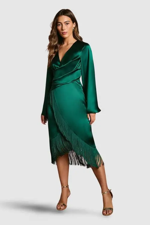 Coast Satin Fringe Hem Wrap Waist Midi Dress - Emerald