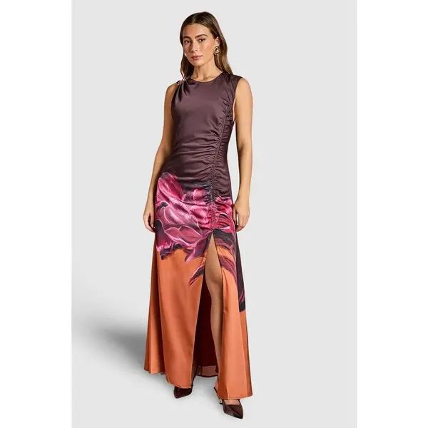 Coast Ruched Print Satin Maxi Dress - Orange