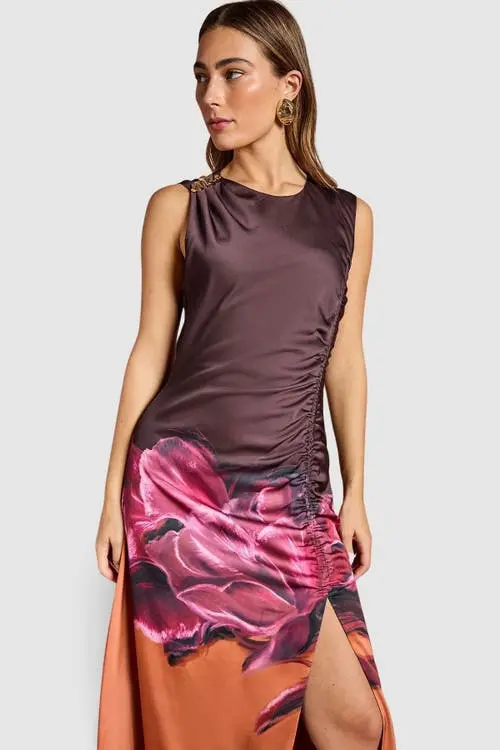 Coast Ruched Print Satin Maxi Dress - Orange