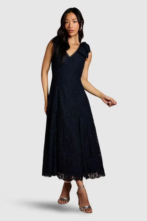 Coast Bow Shoulder V Neck Lace Midi Dress - Navy