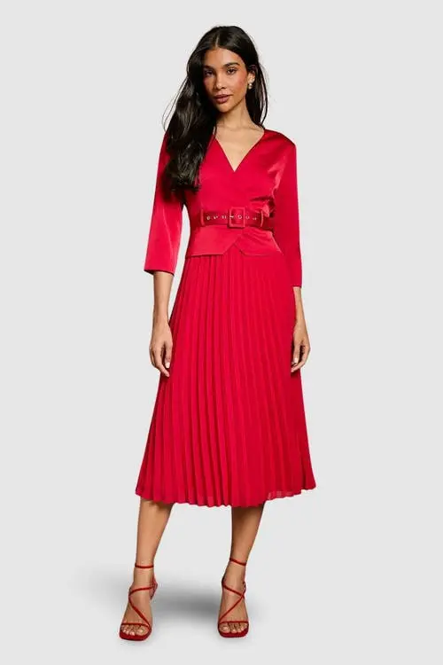 Coast Satin Bodice Pleat Skirt Midi Dress - Red
