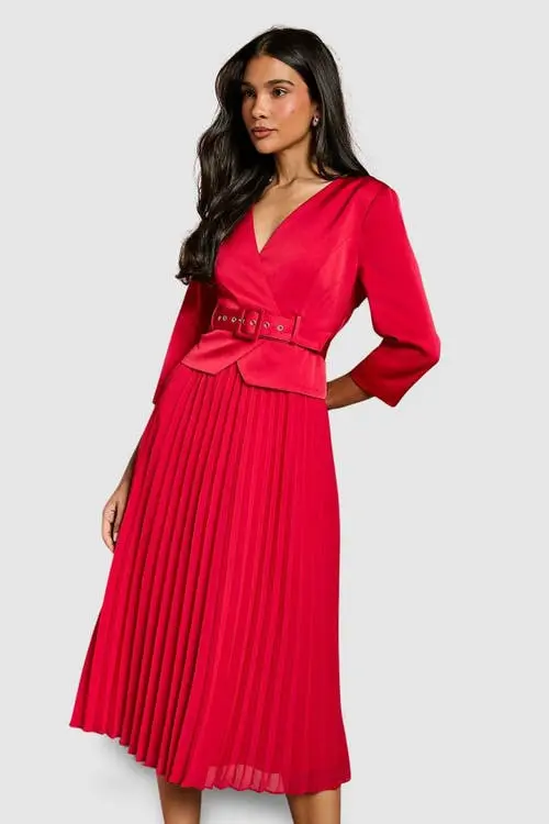 Coast Satin Bodice Pleat Skirt Midi Dress - Red