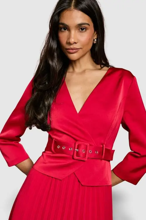 Coast Satin Bodice Pleat Skirt Midi Dress - Red