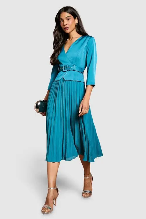 Coast Satin Bodice Pleat Skirt Midi Dress - Teal