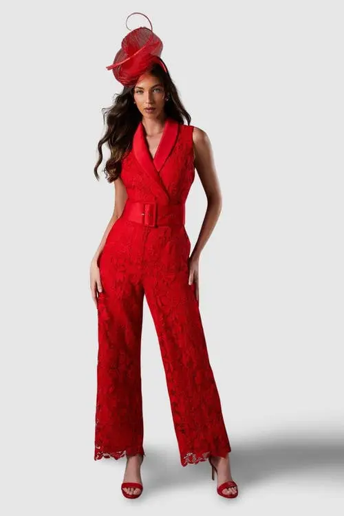 Coast Lisa Lace Belted Jumpsuit - Red