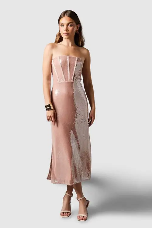 Coast Sequined Bandeau Corset Midi Dress - Mink