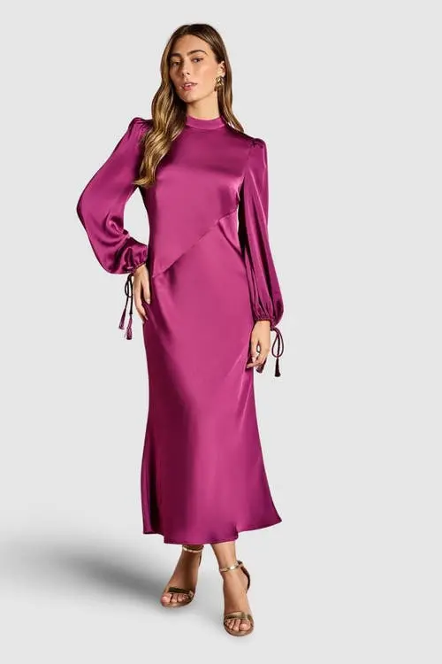 Coast Blouson Sleeve Satin Midi Dress - Berry