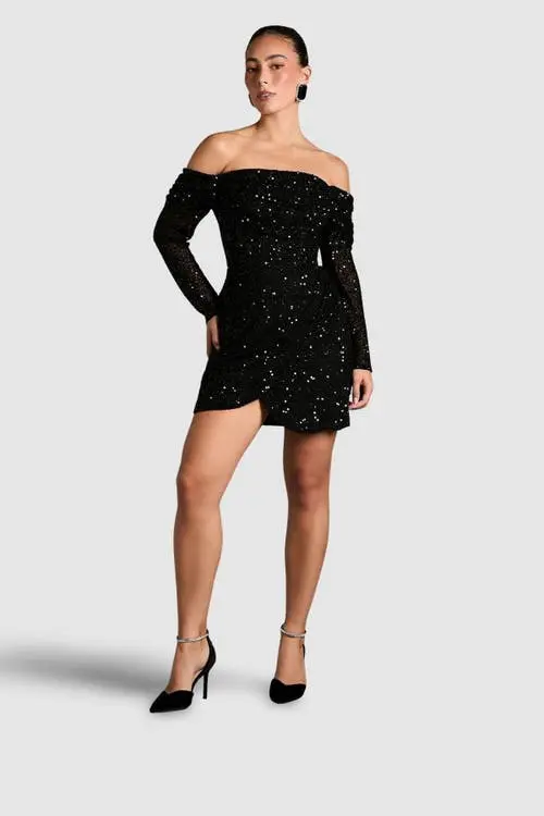 Coast Bardot Long Sleeve Wrap Skirt Mini Dress - Black
