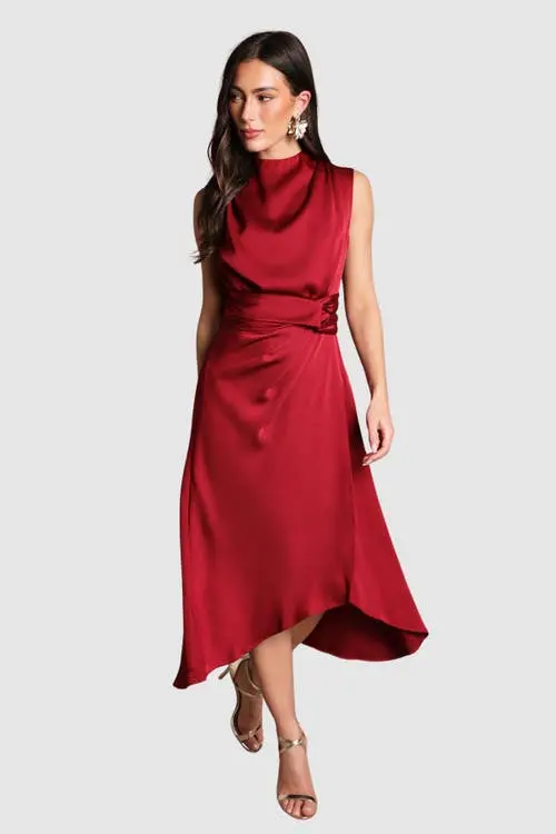 Coast Satin Twist Waist Midi Dress - Raspberry