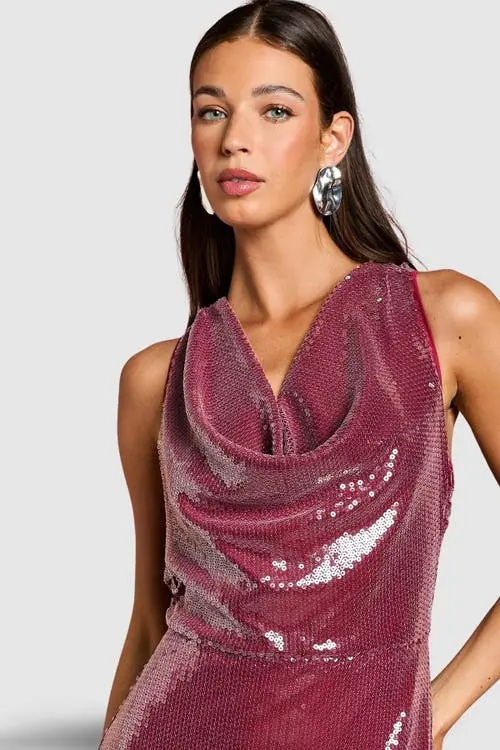 Coast Cowl Front Halter Sequin Maxi Dress