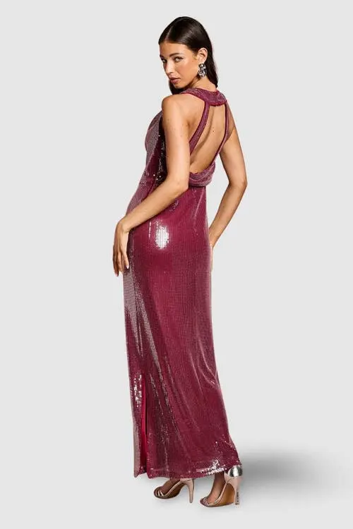 Coast Cowl Front Halter Sequin Maxi Dress