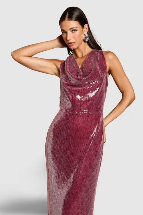 Coast Cowl Front Halter Sequin Maxi Dress