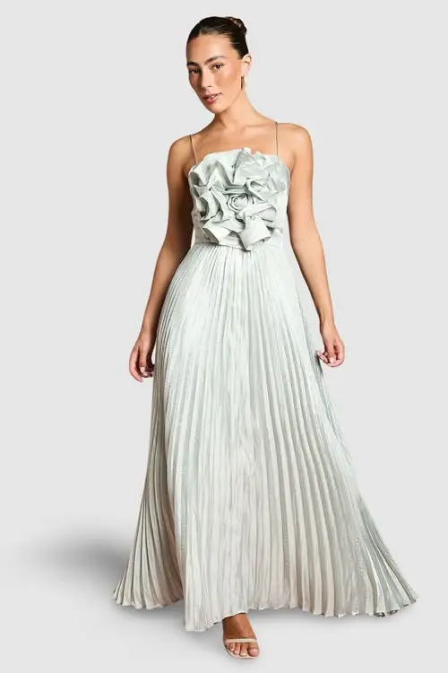 Coast Metallic Pleated Corsage Maxi Dress - Silver