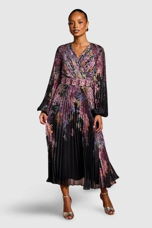 Coast Petite Printed Pleated Wrap Midi Dress - Black