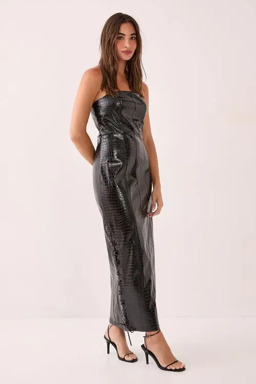 Nasty Gal Faux Leather Croc Bandeau Maxi Dress With Lace-up Detail - Black